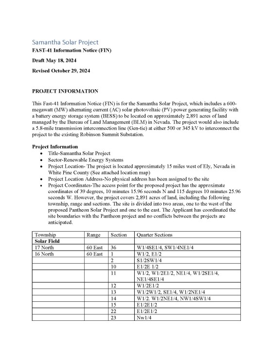 FAST-41 Covered Projects Postings by Agencies for Samantha Solar ...